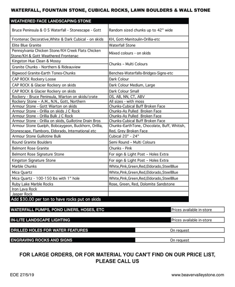 BVS Price List – Beaver Valley Stone Limited